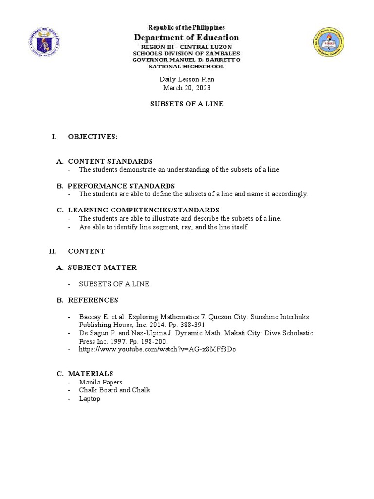 Semi Detailed Lesson Plan (Subsets of A Line) | PDF