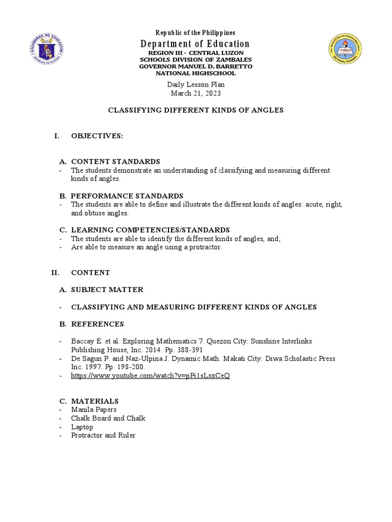 Semi Detailed Lesson Plan (Classifying The Different Kinds of Angles) | Download Free PDF ...