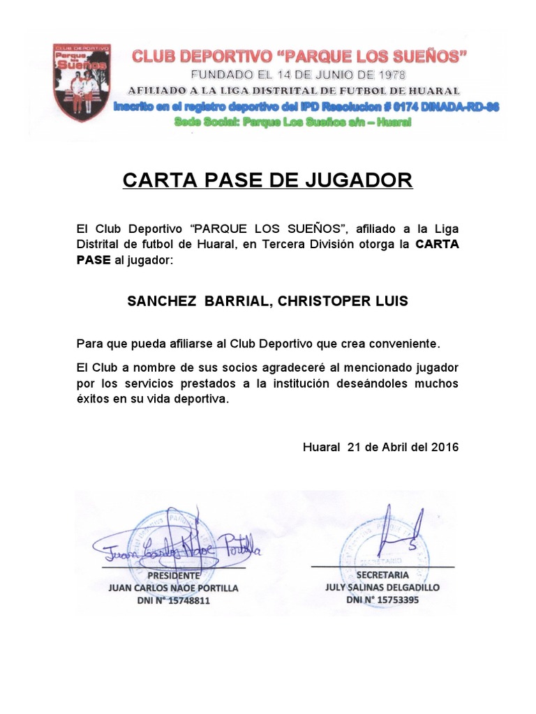 Carta Pase de Jugador | PDF | Deportes y actividades al aire libre