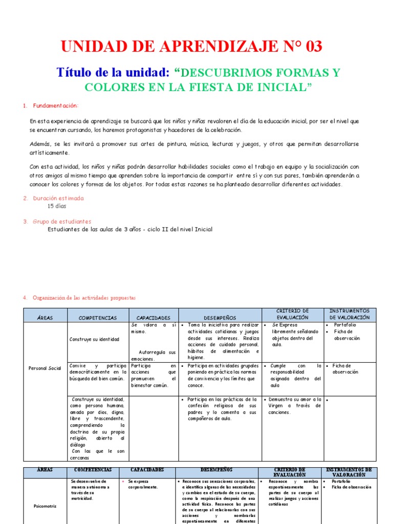 Unidad de Aprendizaje Semana Educacion Inicial | PDF | Educación de la ...
