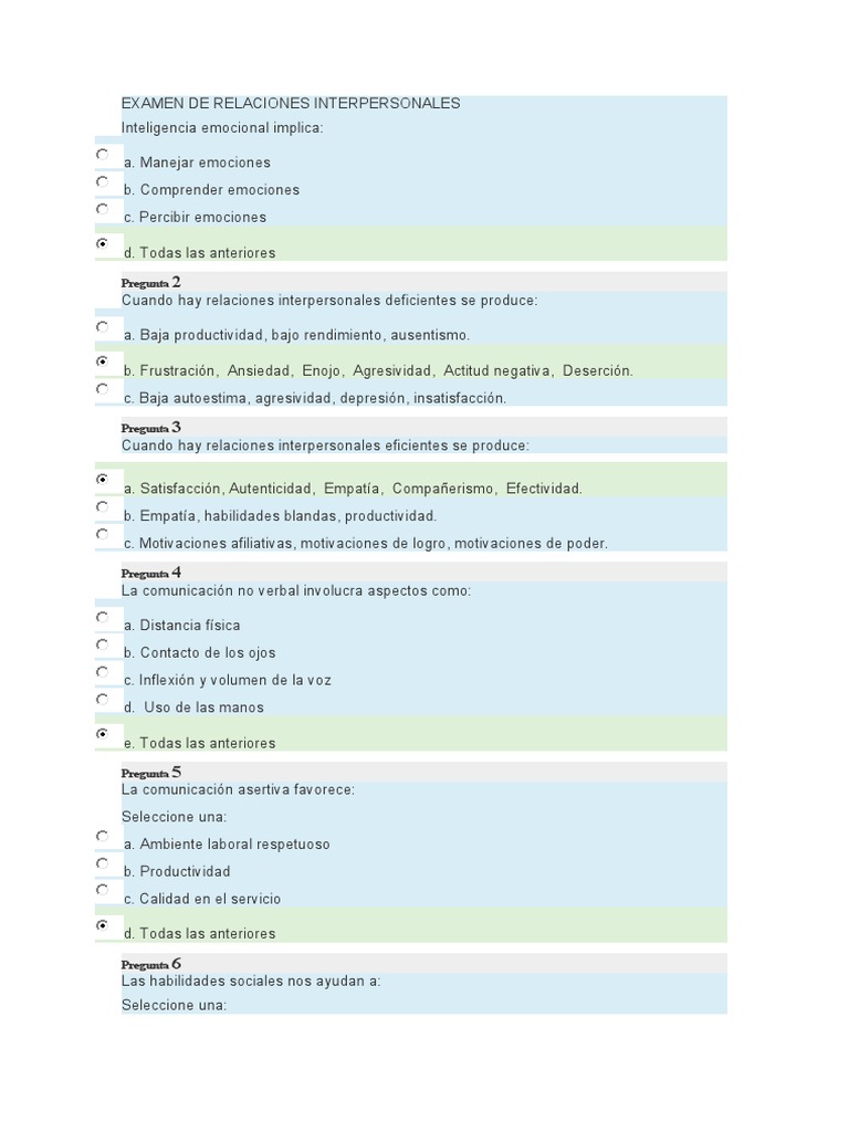 Examen de Relaciones Interpersonales | PDF | Relaciones personales ...