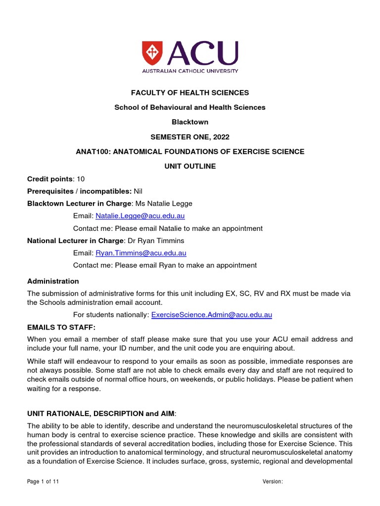EUO - ANAT100 - Anatomical Foundations of Exercise Science - S1 - 2022 ...