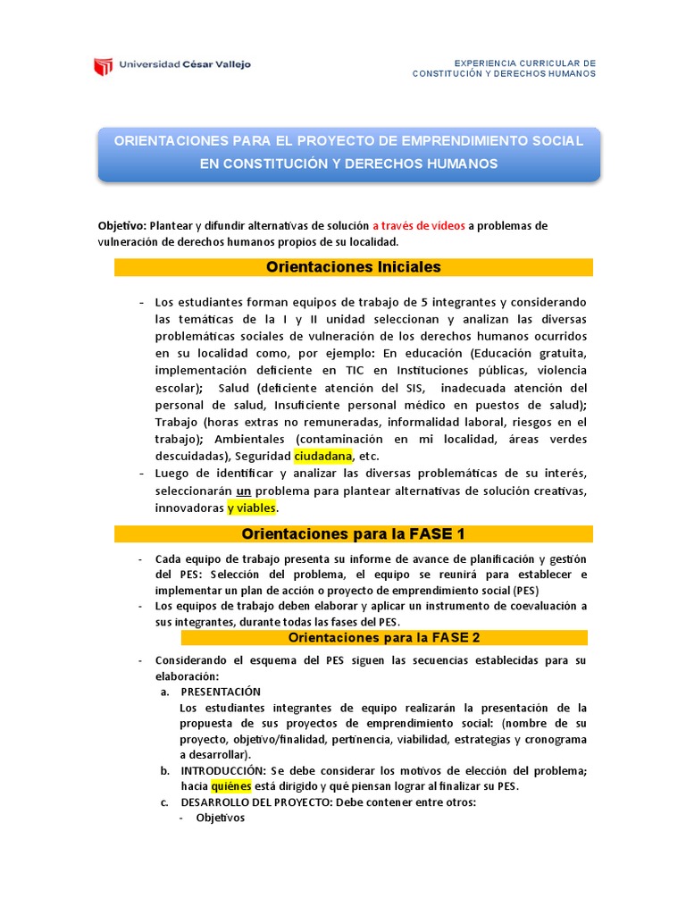 Esquema de Proyecto de Emprendimiento Social en Constitución y Derechos Humanos | PDF ...