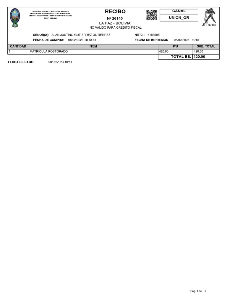 Recibo: La Paz - Bolivia | PDF