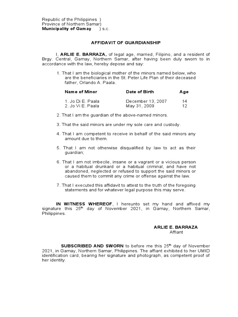 Affidavit of Guardianship. Insurance | PDF | Business | Finance & Money ...