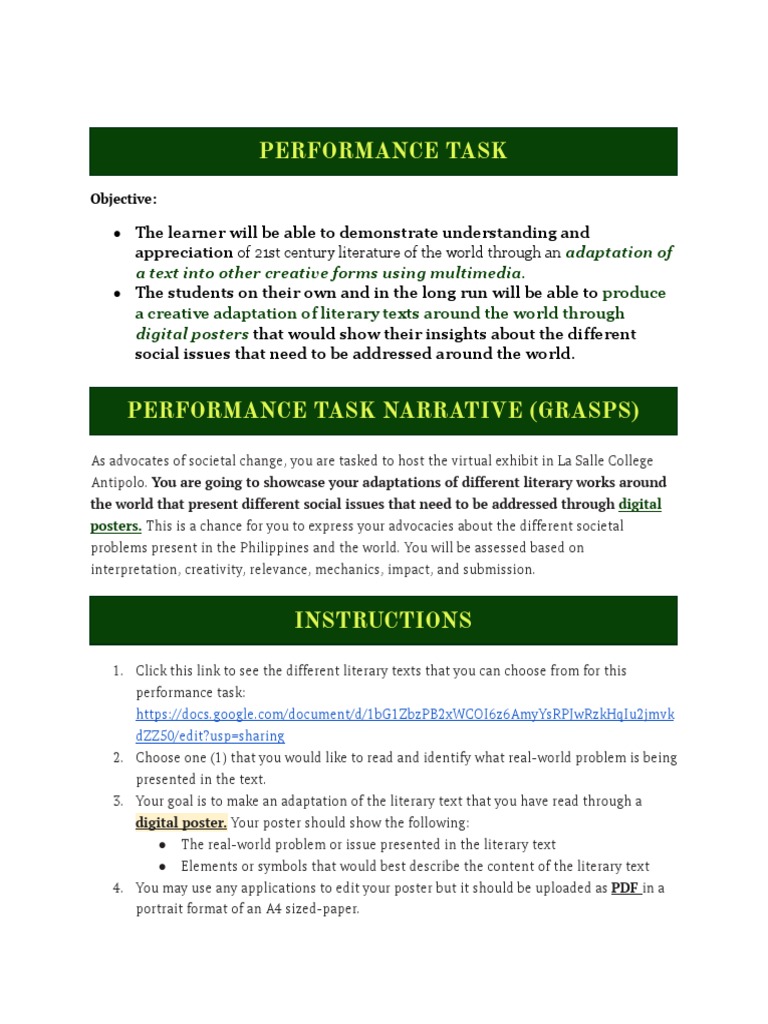 Performance Task - Digital Poster Special Class 21st Century Lit. | PDF