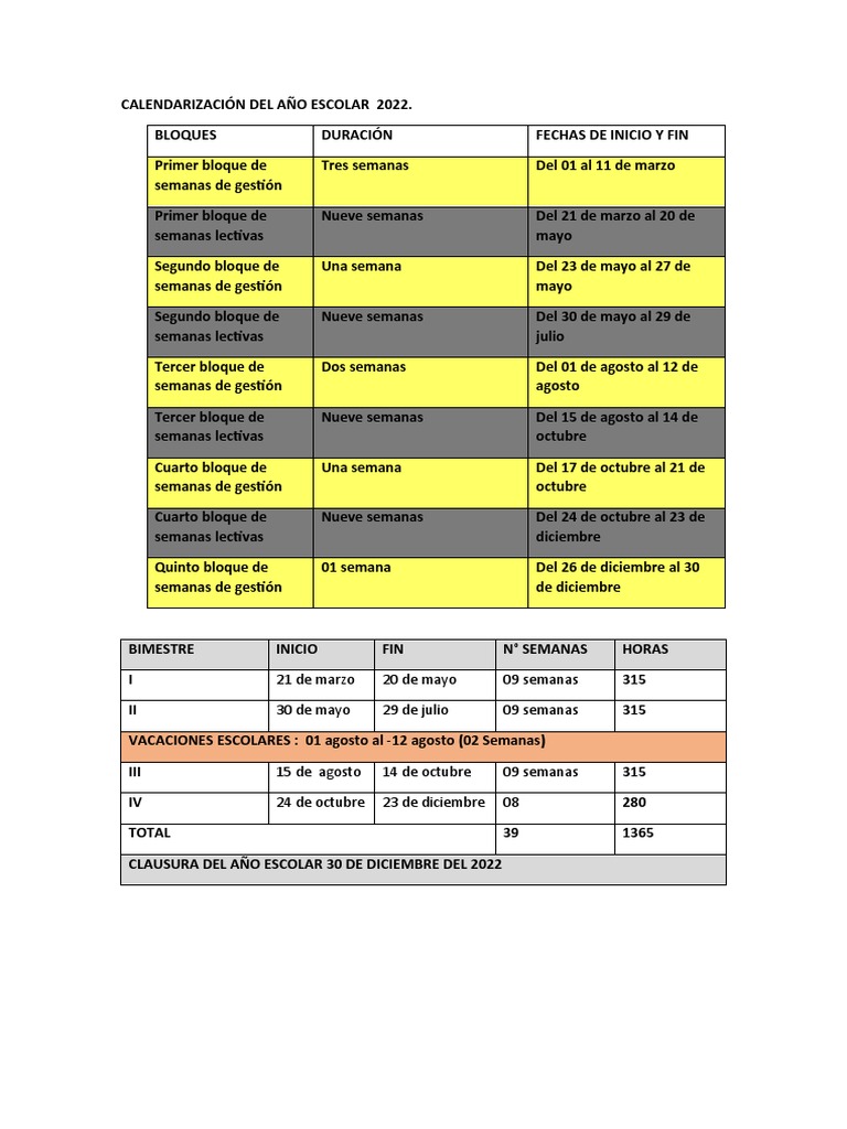 Calendarización Del Año Escolar 2022 | PDF