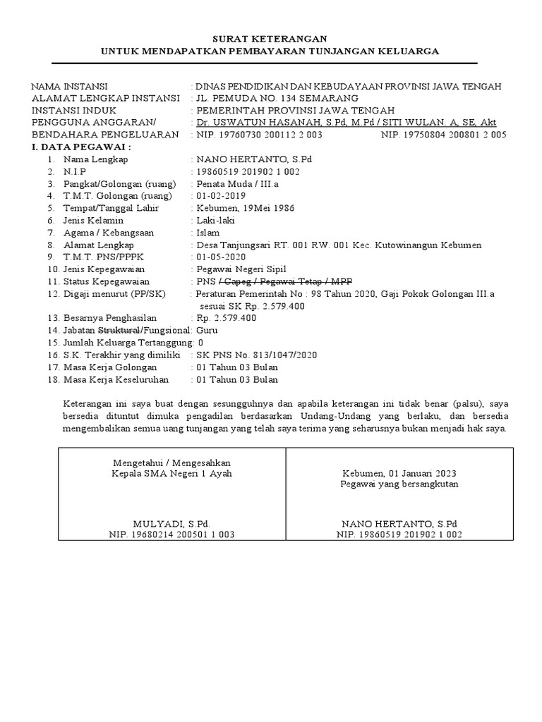 Surat Keterangan Tunjangan Keluarga PNS | PDF
