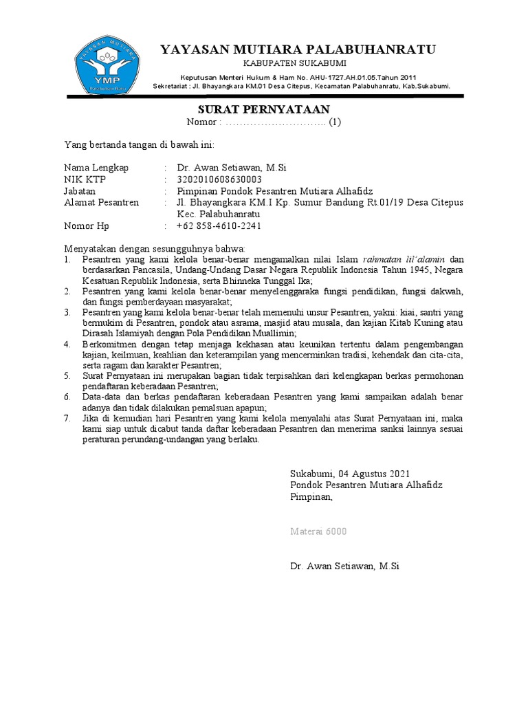 Format Surat Pernyataan Pimpinan Pesantren | PDF