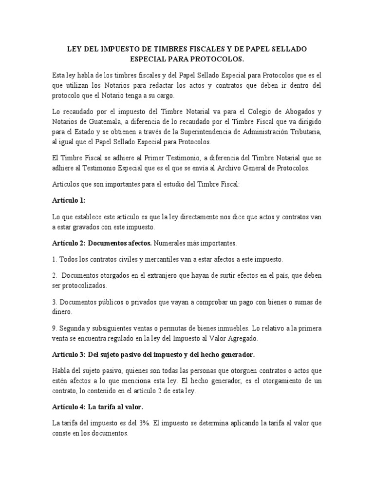 Resumen 2LEY DEL IMPUESTO DE TIMBRES FISCALES Y DE PAPEL SELLADO ESPECIAL PARA PROTOCOLOS | PDF ...