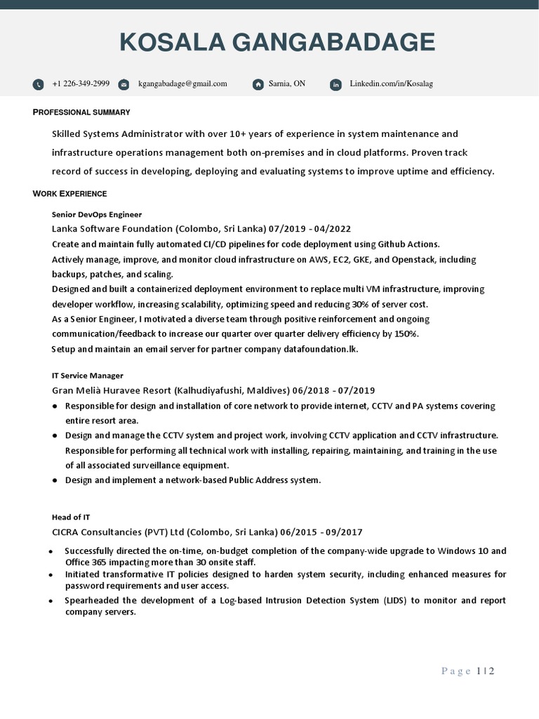 Resume Kosala Gangabadage-Systems Administrator | PDF | Cloud Computing | Closed Circuit Television