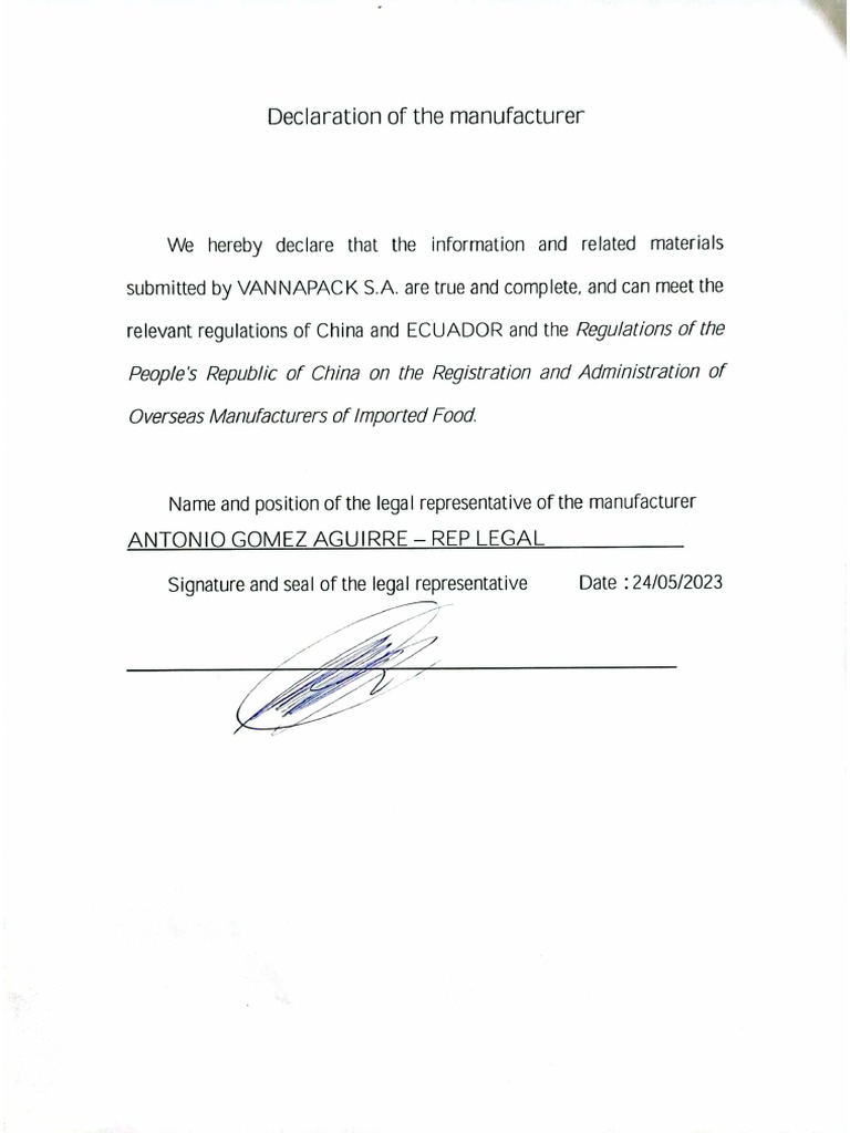 Declaration of the Manufacturer - Vannapack | PDF