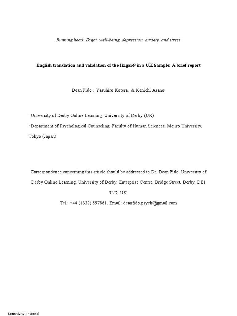 English Translation and Validation of The Ikigai-9 in A UK Sample: A ...