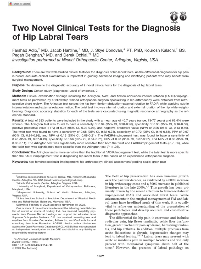 Two Novel Clinical Tests For The Diagnosis of Hip Labral Tears | PDF ...