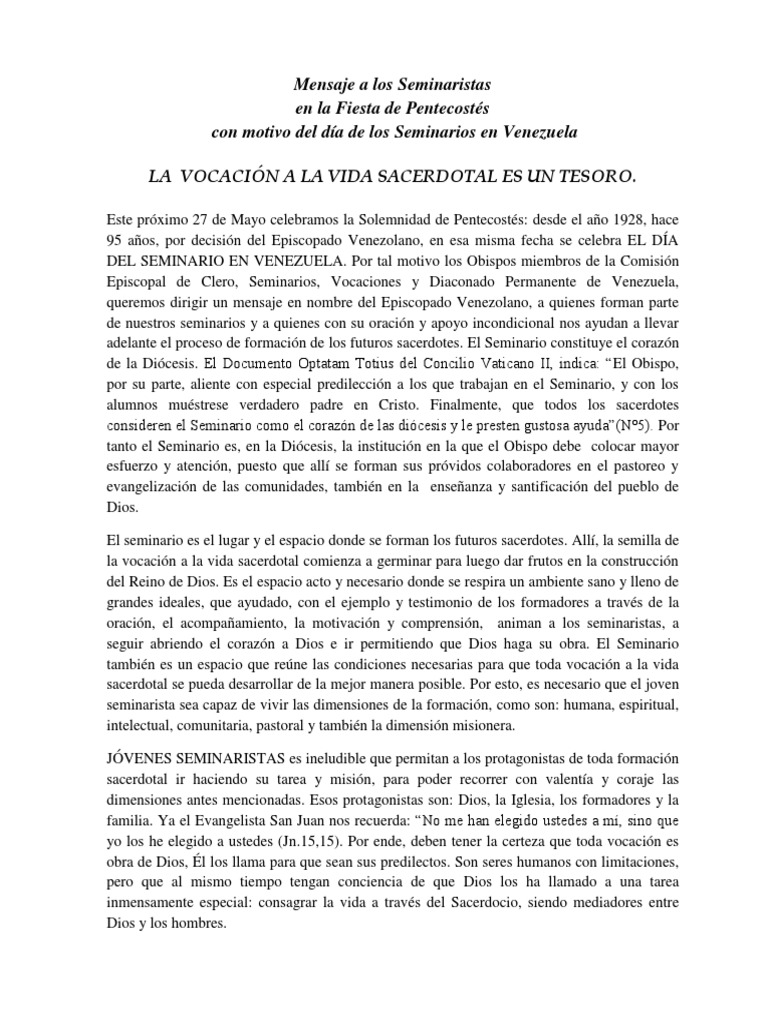 Mensaje A Los Seminaristas de Vnzla | PDF | Seminario | eucaristía Mensaje A Los Seminaristas de Vnzla | PDF | Seminario | eucaristía