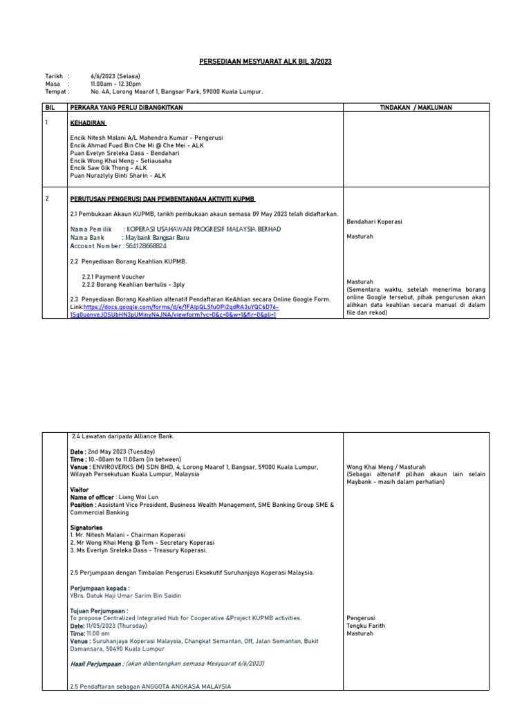 Persediaan Mesyuarat Alk Bil 3 6.6.2023 | PDF