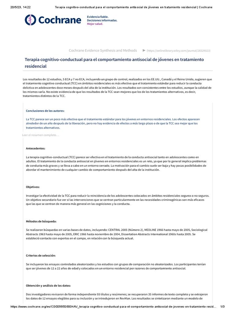 Terapia Cognitivo-conductual Para El Comportamiento Antisocial de Jóvenes en Tratamiento ...
