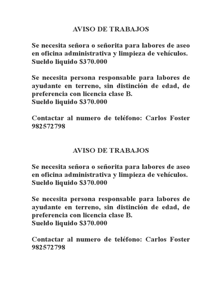 Aviso de Trabajos | PDF | Seguro | Derecho laboral