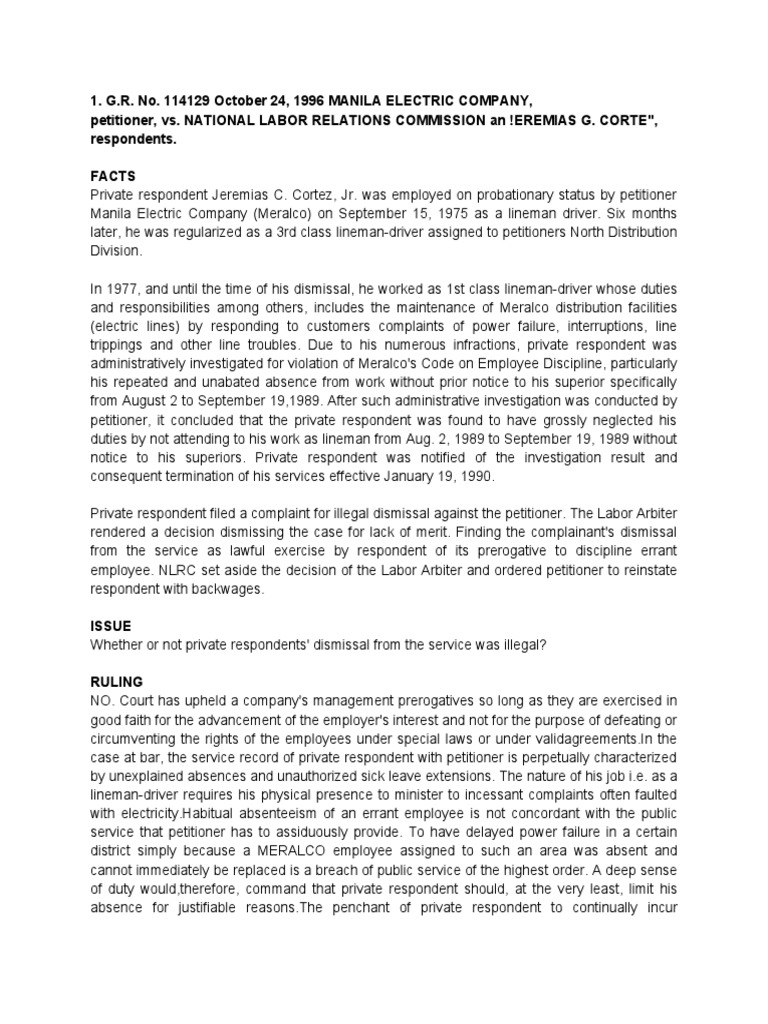 Meralco vs. NLRC: Dismissal Upheld | PDF | Employment | Justice