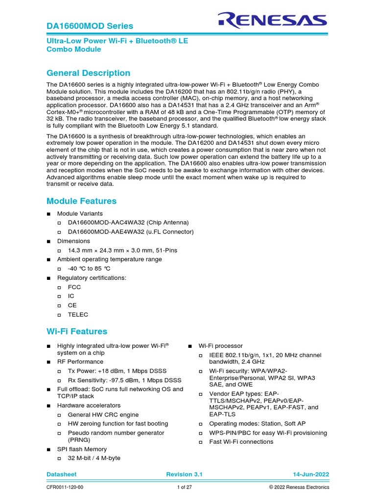 REN_DA16600MOD_Series_Datasheet_Rev3v1_DST_20221129 | PDF | System On A ...