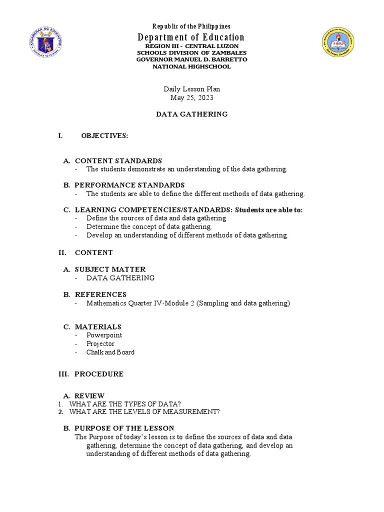 Daily Lesson plan (data gathering) | PDF | Survey Methodology | Cognition