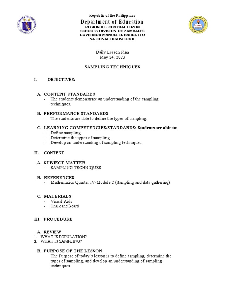 Daily Lesson Plan (Sampling Techniques) | PDF