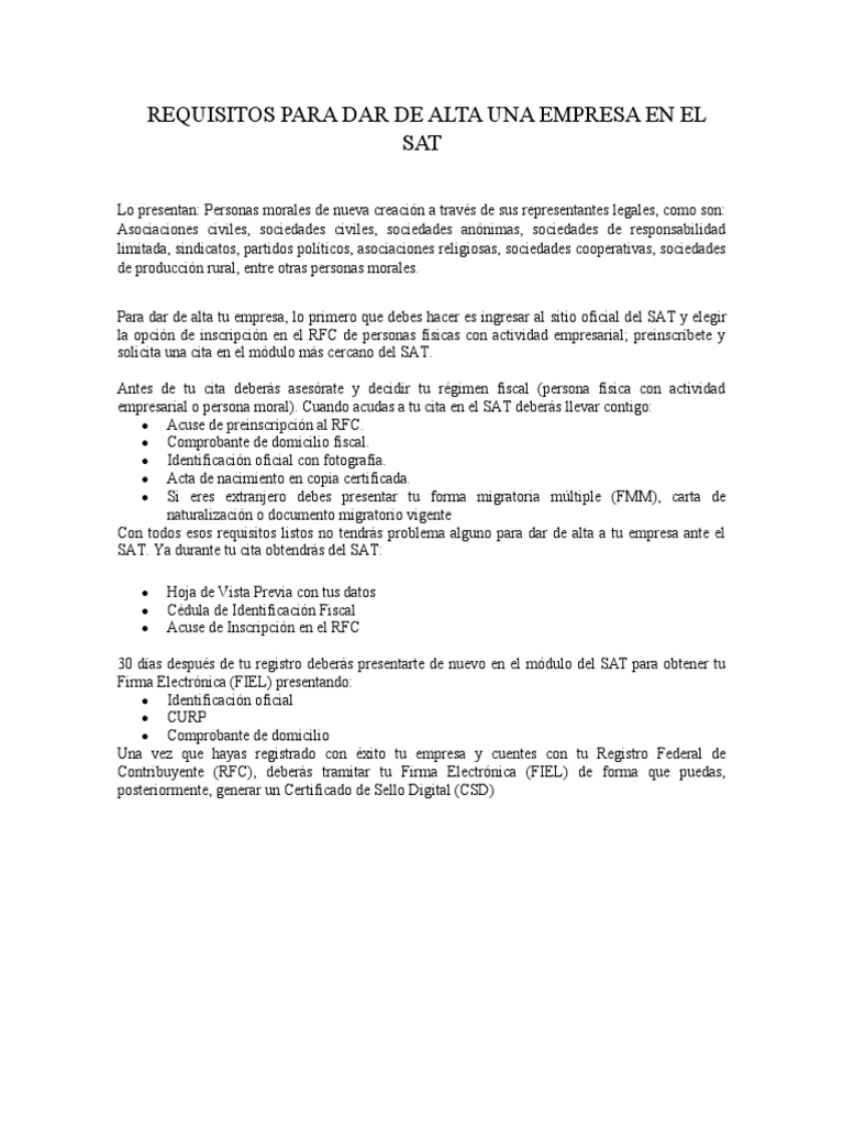 Requisitos para Dar de Alta Una Empresa en El Sat | PDF