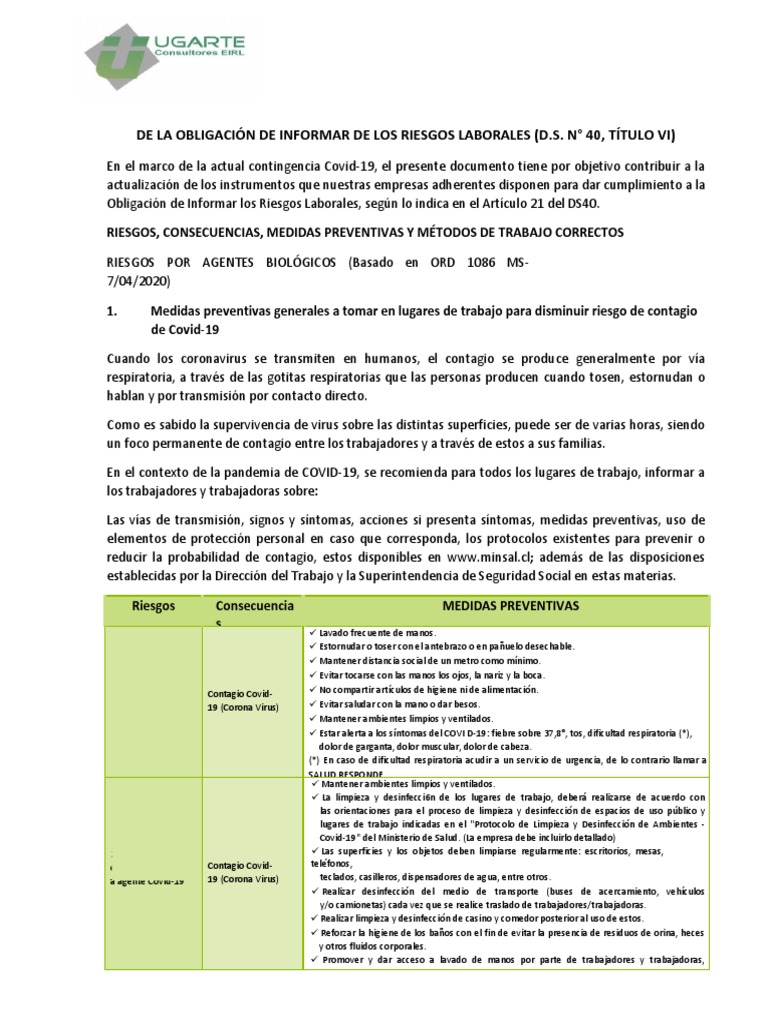 Obligacion de Informar de Riesgos Laborales Covid 19 | PDF