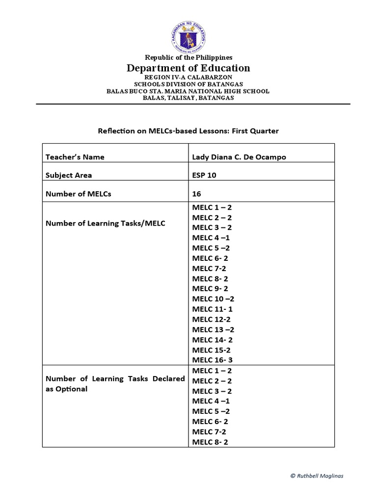 Reflection on ESP 10 MELCs Lessons | PDF | Philippines