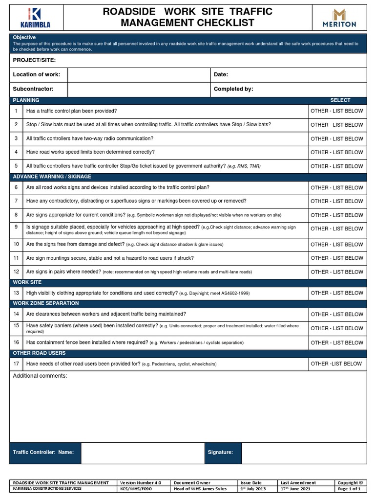 WHS90. Roadside Work Site Traffic Management Checklist v4 | PDF