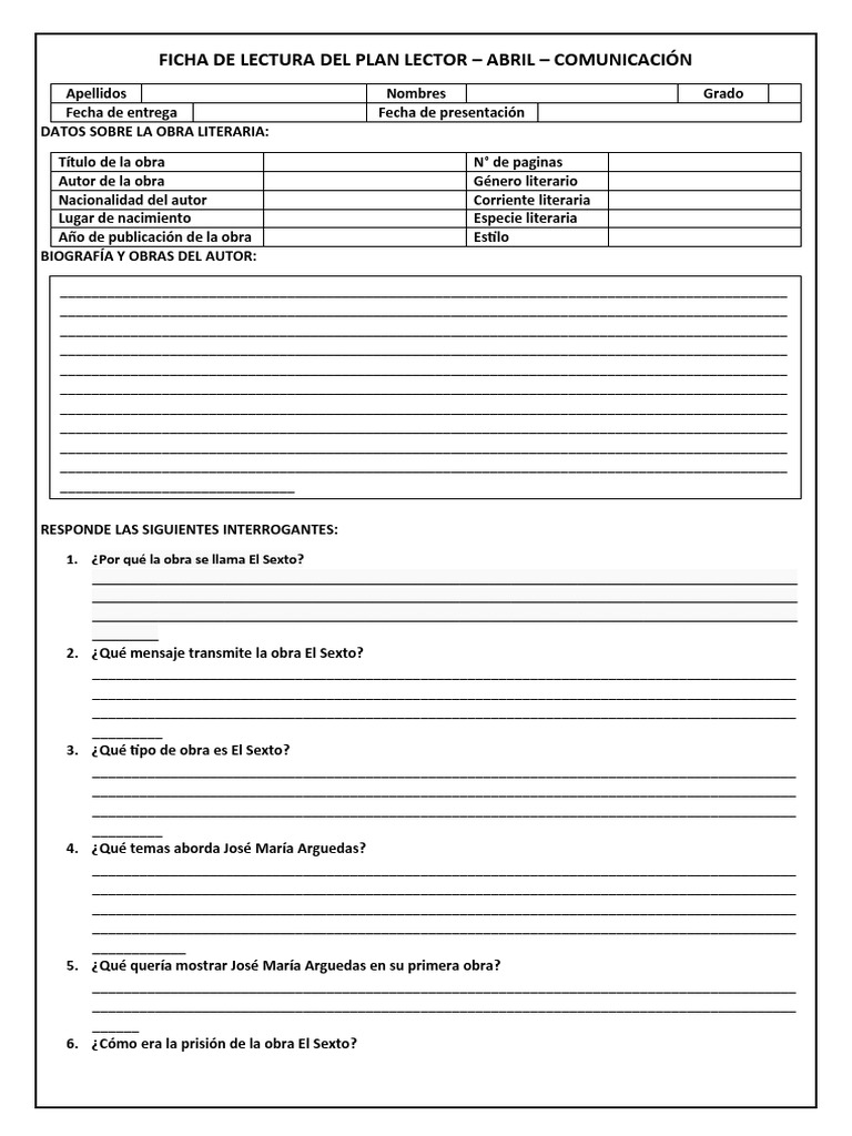 Ficha de Lectura Del Plan Lector El Sexto | PDF