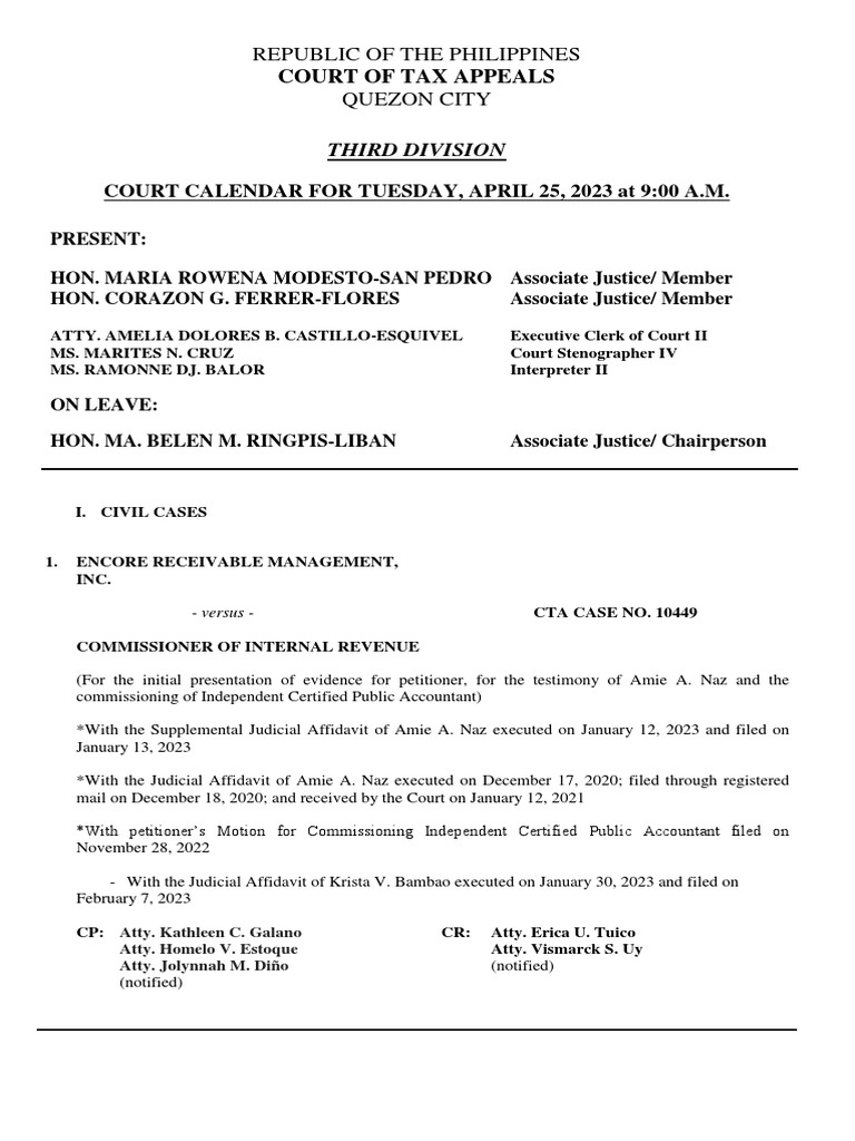 Court Calendar For Tuesday April 25 2023 At 9 00 A M Court Of Tax Appeals Pdf Government