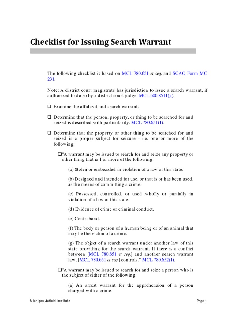 Issuing Search Warrant Checklist | PDF | Search Warrant | Affidavit