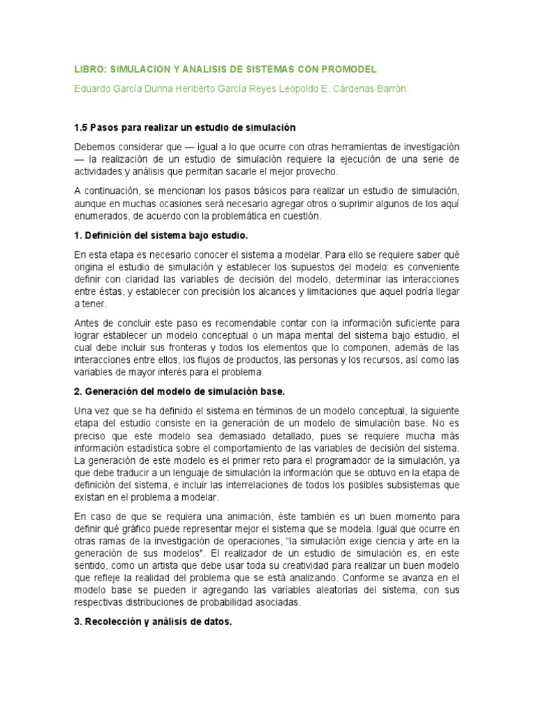 Pasos para La Simulacion - Libro Simulacion y Analisis de Sistemas Con Promodel | PDF ...
