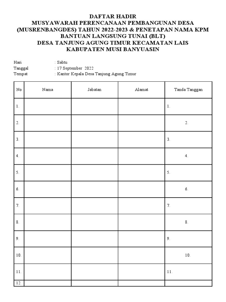 Daftar Hadi Musyawarah Desa | PDF