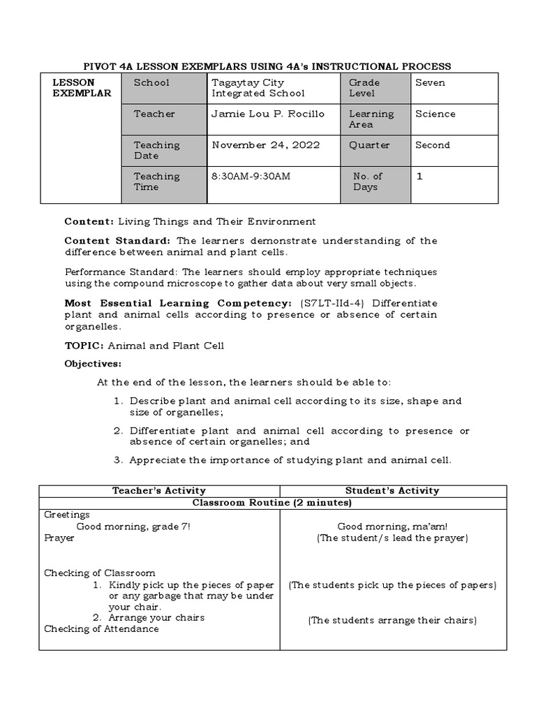 Lesson Plan Plant and Animal Cell | Download Free PDF | Cell (Biology ...