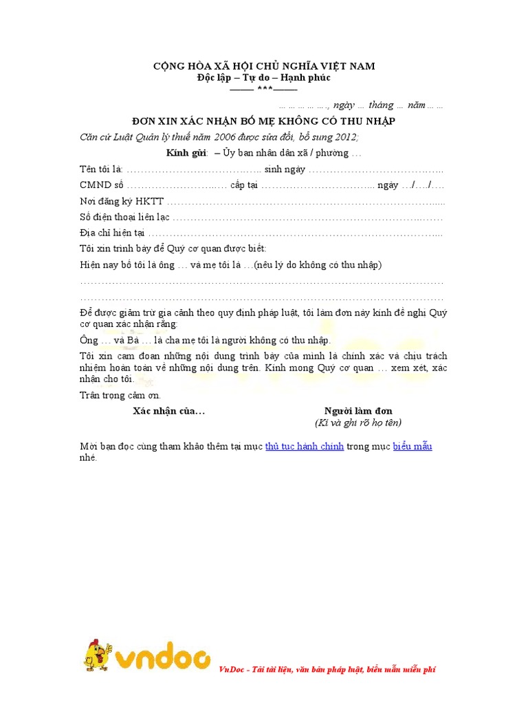 Mau Don Xin Xac Nhan Bo Me Khong Co Thu Nhap | PDF