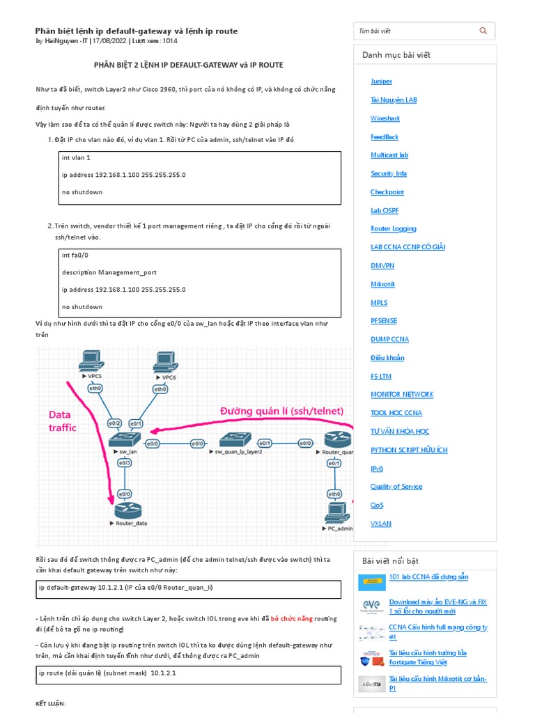 Phân biệt lệnh ip default-gateway và lệnh ip route | PDF