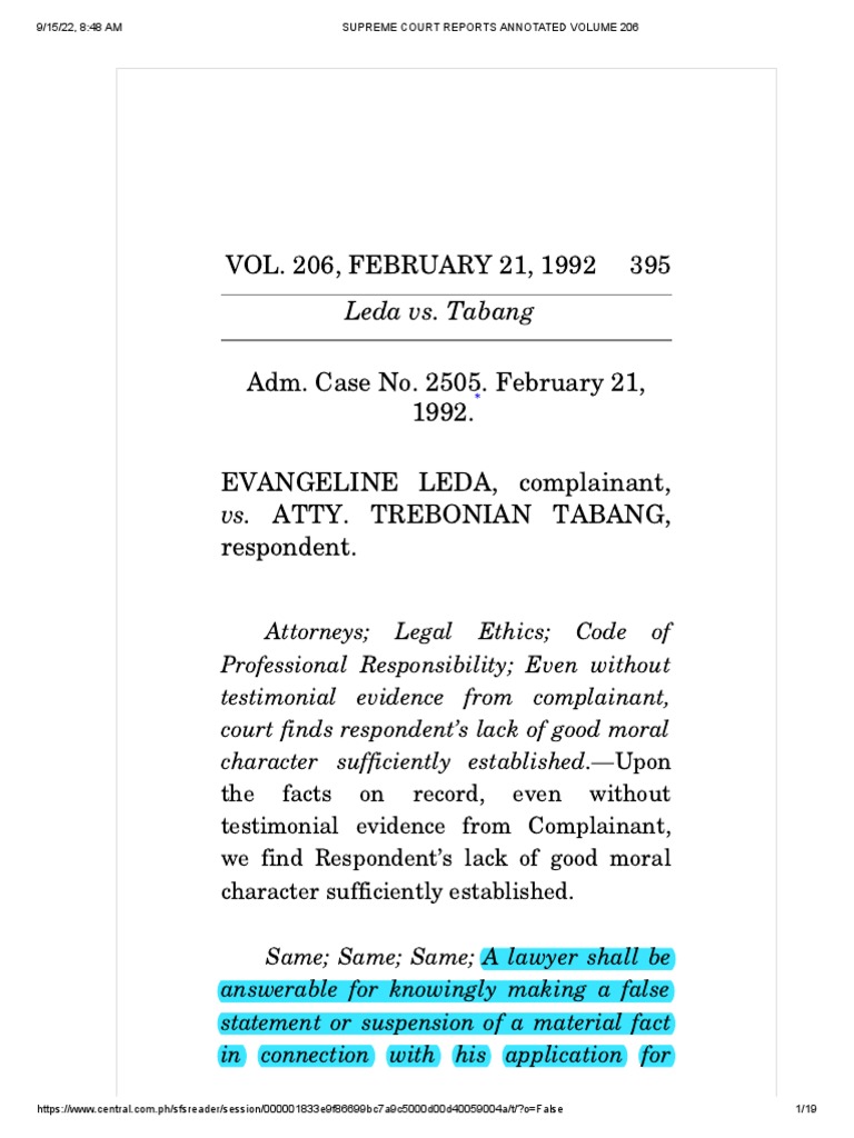 11 ESCRA - LEDA VS TABANG (Annotated) | PDF | Lawyer | Affidavit