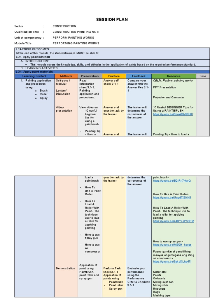 SESSION PLAN Construction Painting Core 3 LO 1 | PDF | Paint | Paintings