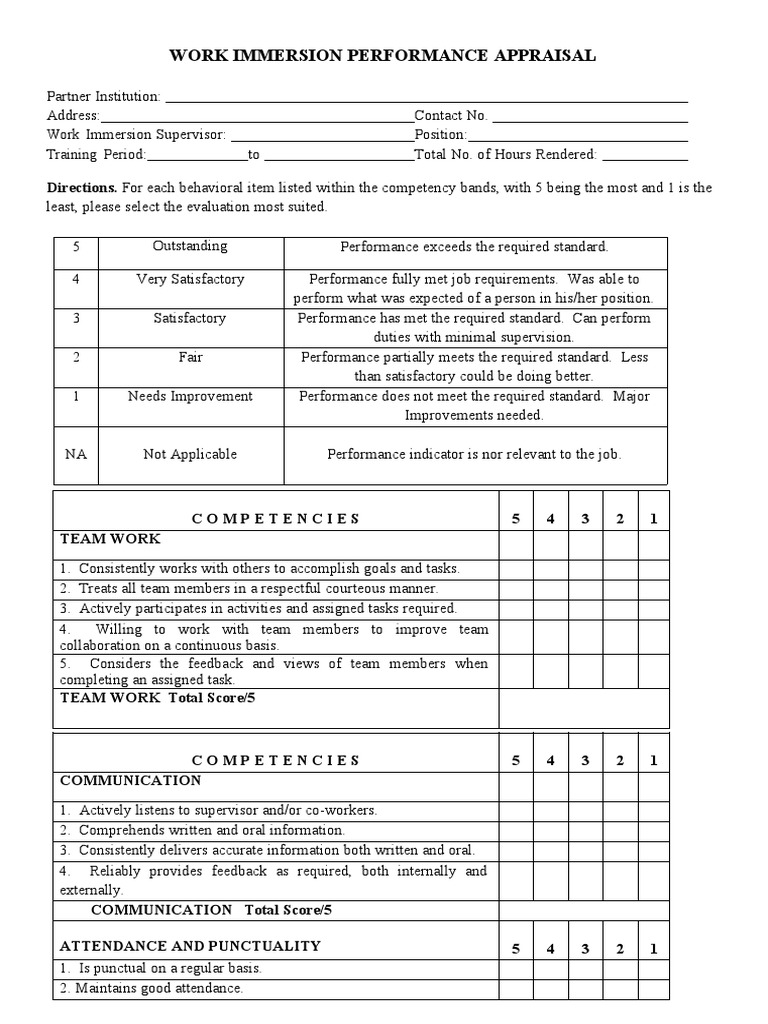 Work Immersion Appraisal | PDF | Performance Appraisal | Psychological ... Work Immersion Appraisal | PDF | Performance Appraisal | Psychological ...