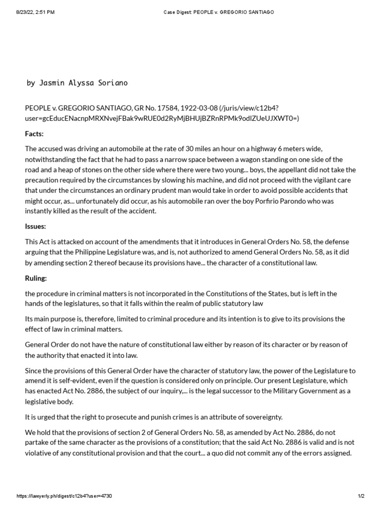 Case Digest - PEOPLE v. GREGORIO SANTIAGO | Download Free PDF | Crimes ...