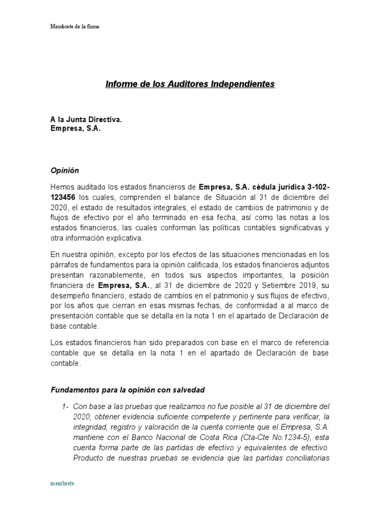 2 Opinion Con Salvedad | PDF | Auditoría | Contabilidad