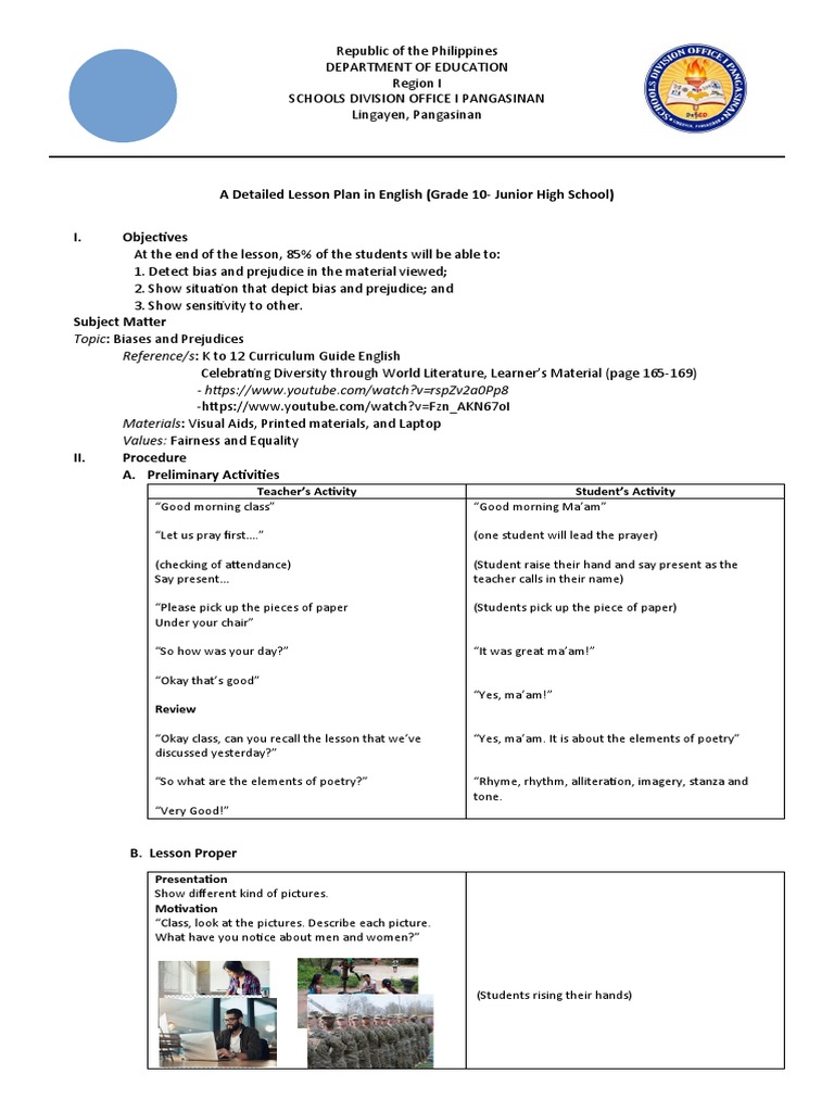 A Detailed Lesson Plan in English | PDF | Prejudices | Bias