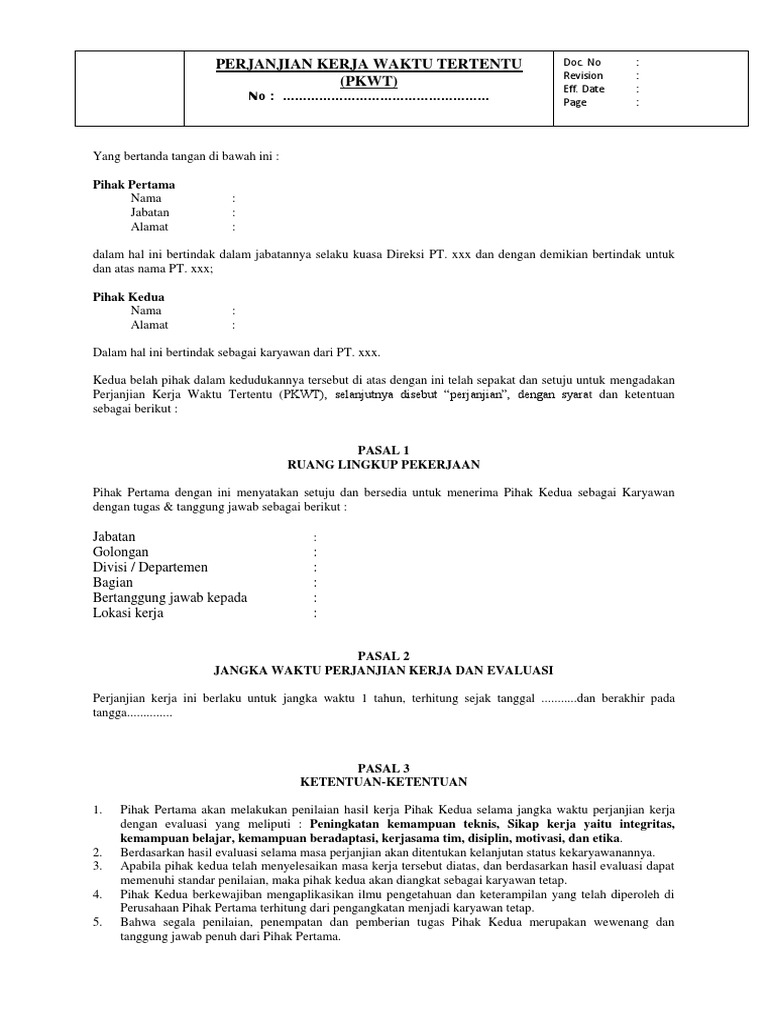 Contoh Perjanjian Karyawan Kontrak (PKWT) | PDF