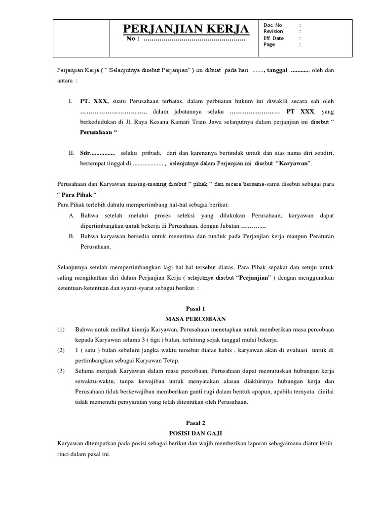 Contoh Perjanjian Kerja Karyawan Permanen (PKWTT) | PDF