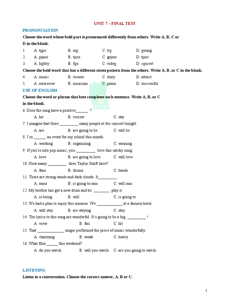 Tiếng anh 7 Friends Plus - Unit 7 - Final Test | PDF