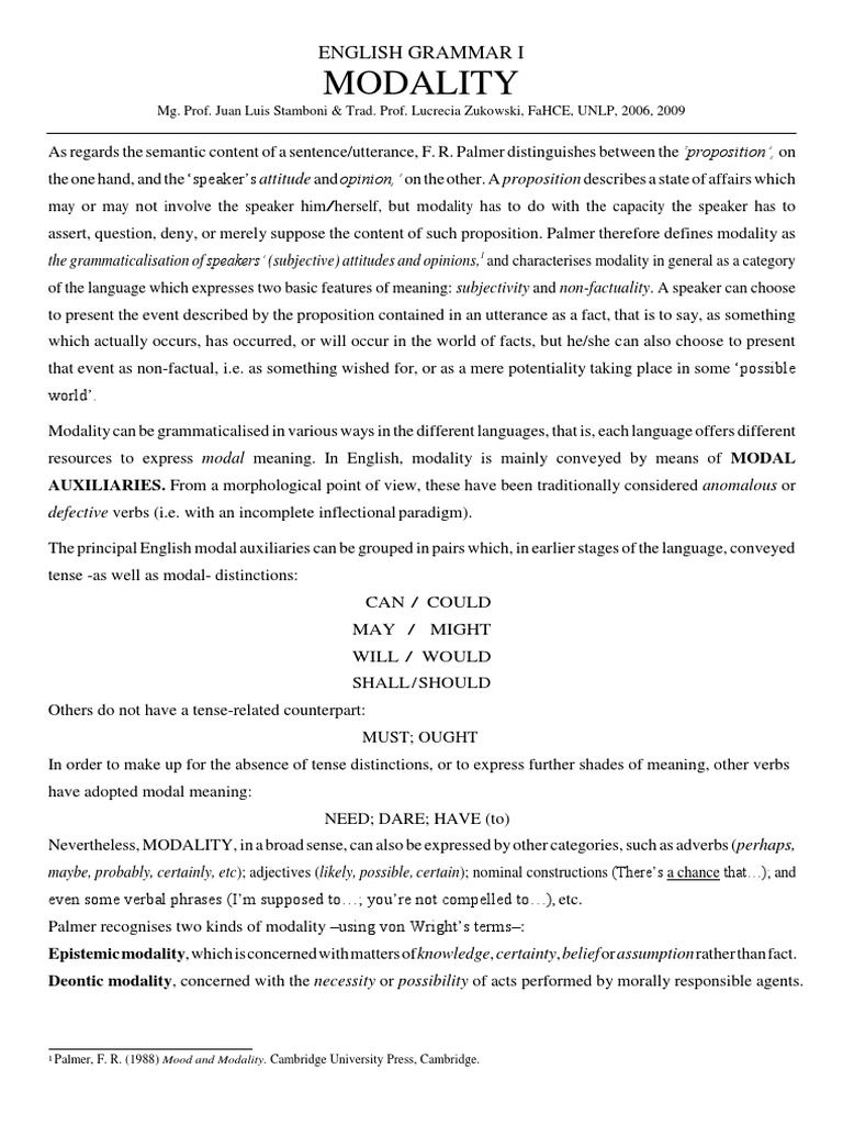 Modality: English Grammar I | PDF | Modal Logic | Verb