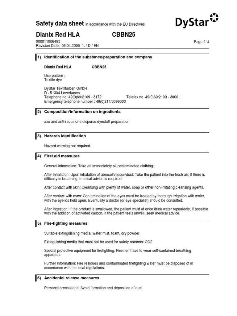 Dianix Red HLA CBBN25 (MSDS) | PDF | Sewage Treatment | Toxicity