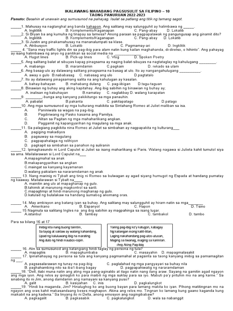 Ikalawang Maahabang Pagsusulit - Filipino 10 | PDF